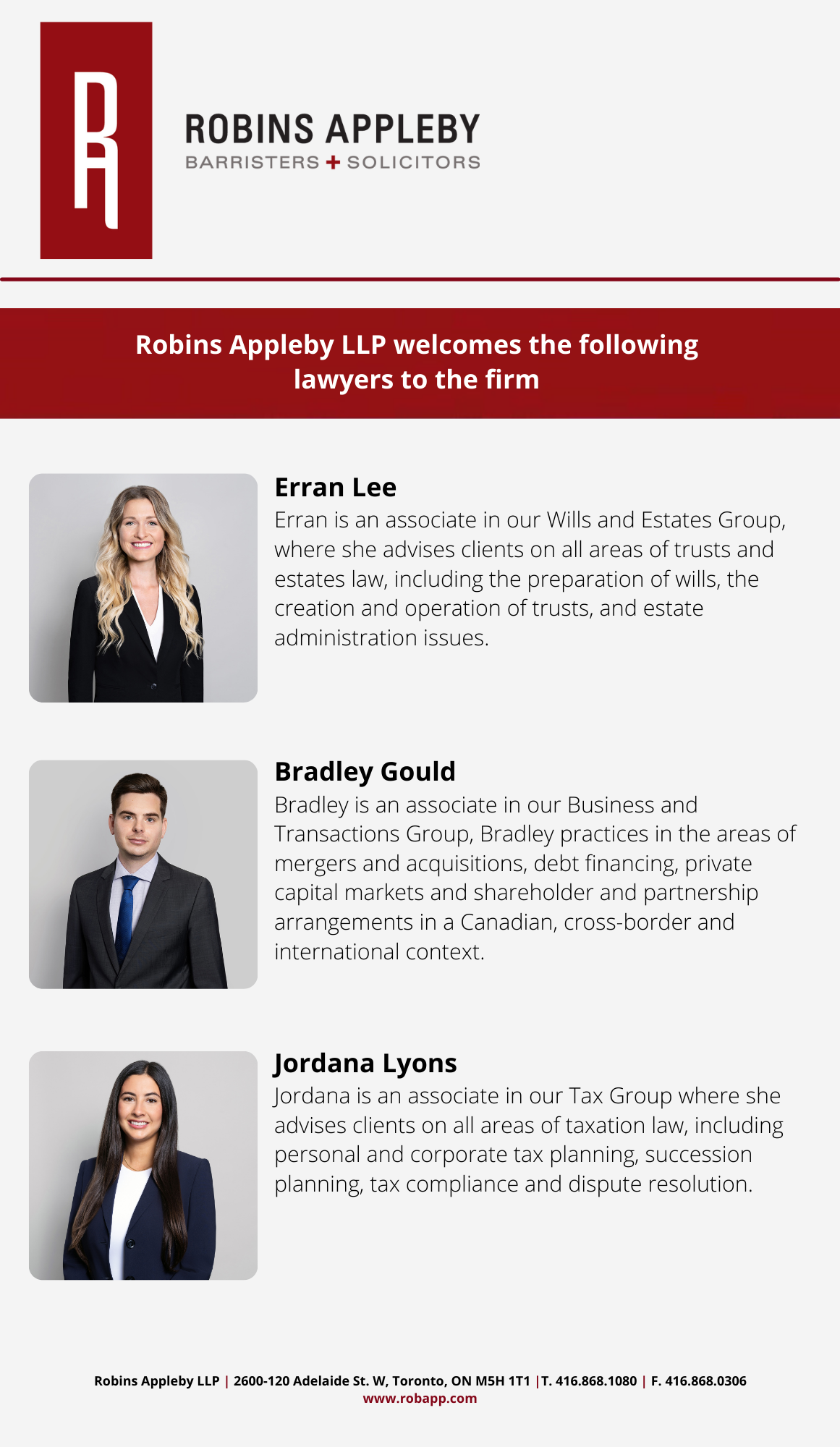 Robins Appleby Welcomes Three New Associates Robins Appleby Welcomes Three New Associates